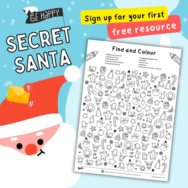 Be Happy Secret Santa 2023 - Find and Colour - Be Happy Resources